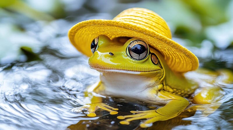 Funny Frog Wearing a Yellow Hat in Water Stock Illustration ...