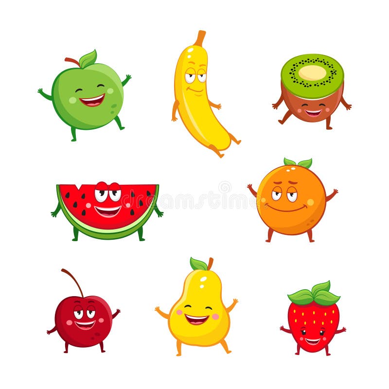 Funny Fruits Characters Cartoon Set Stock Vector - Illustration of face ...