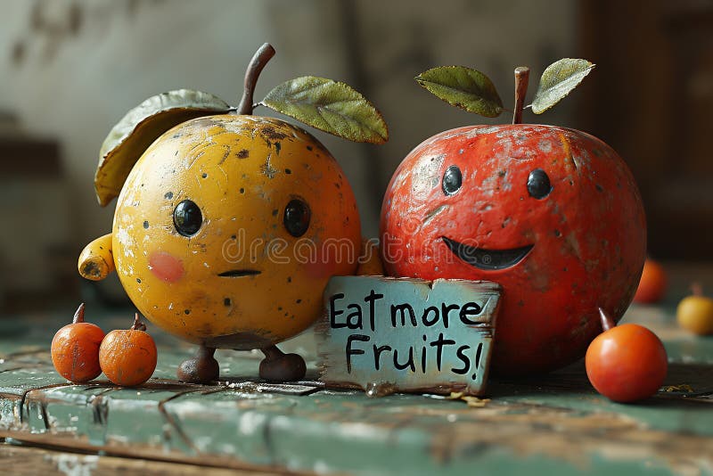 Funny Fruits Holding Sign with the Text - Eat More Fruits Stock ...