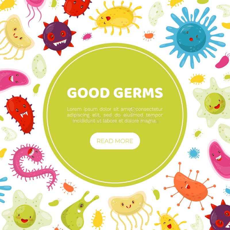 Funny Germs Banner Design with Good and Bad Bacteria with Cute Face ...