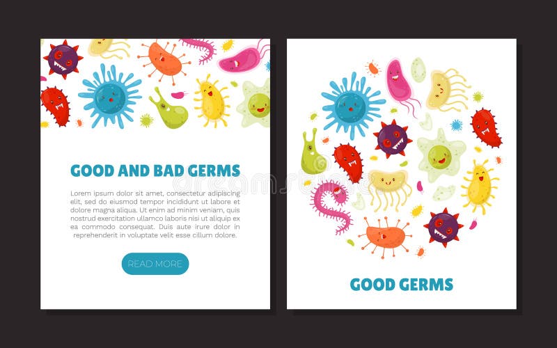 Funny Germs Banner Design with Good and Bad Bacteria with Cute Face ...