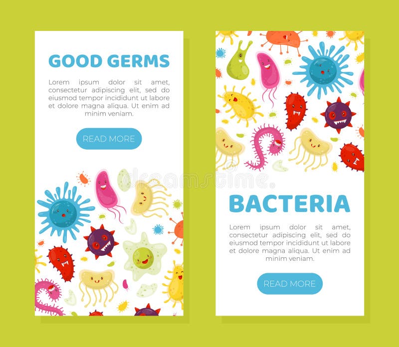 Funny Germs Banner Design with Good and Bad Bacteria with Cute Face ...