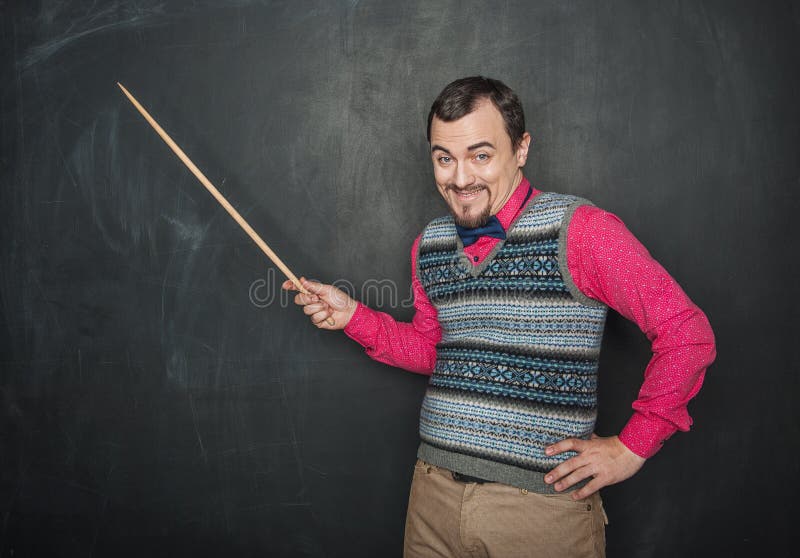 Funny Giggle Teacher Man with Pointer on Blackboard Stock Image - Image ...