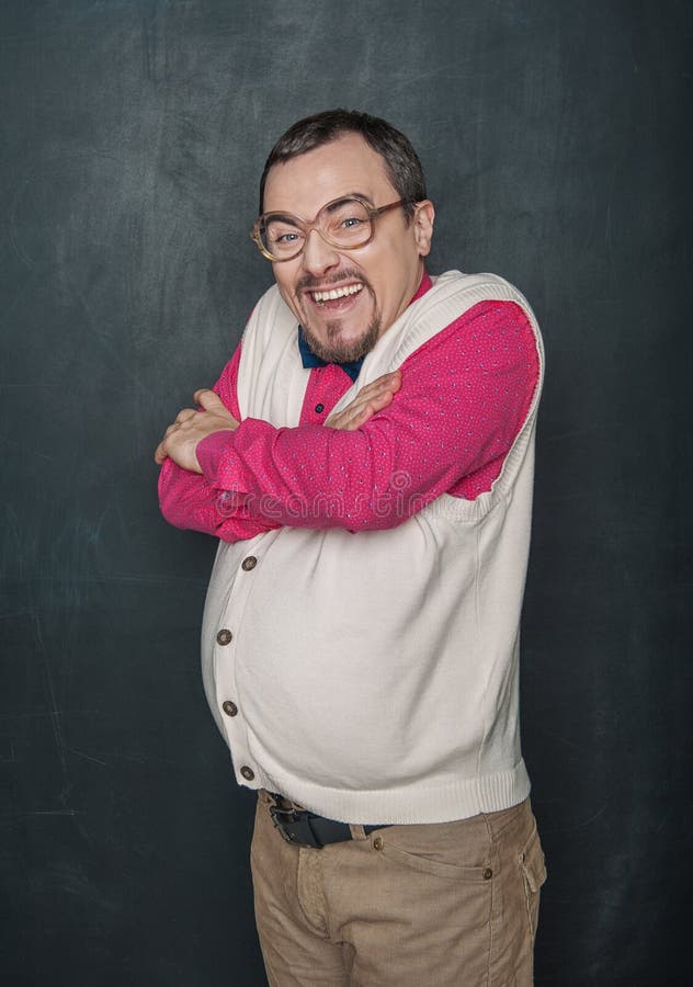 Funny Giggle Teacher Man with Pointer on Blackboard Stock Image - Image ...