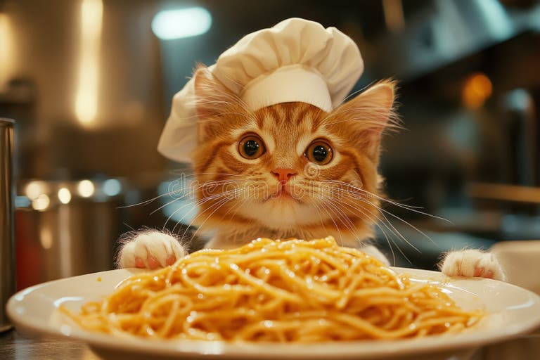 Funny Ginger Kitten Wearing Chef Uniform Holding Plate of Spaghetti in ...