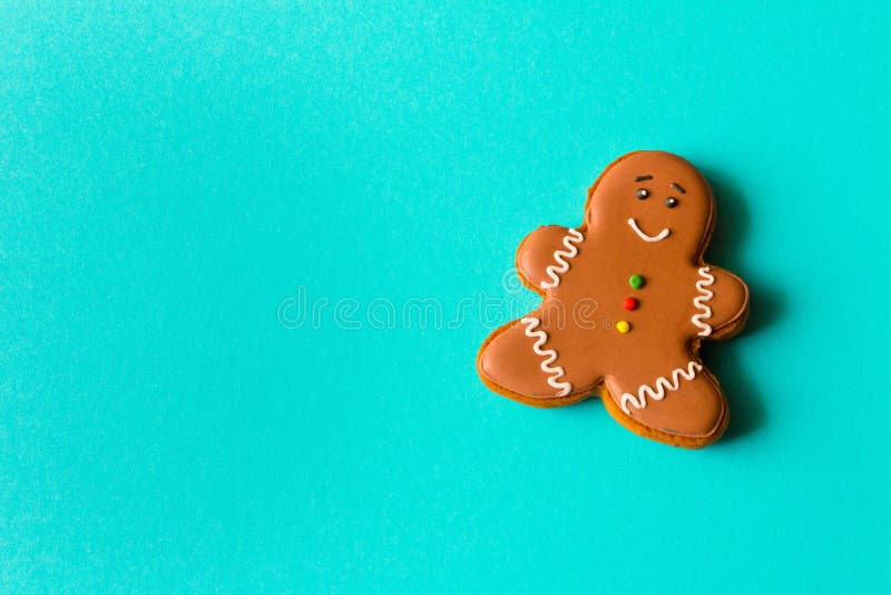 Funny Gingerbread Man on Blue Background. Empty Text Space Stock Image ...