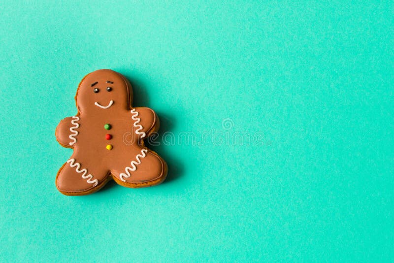 Funny Gingerbread Man on Blue Background. Empty Text Space Stock Image ...