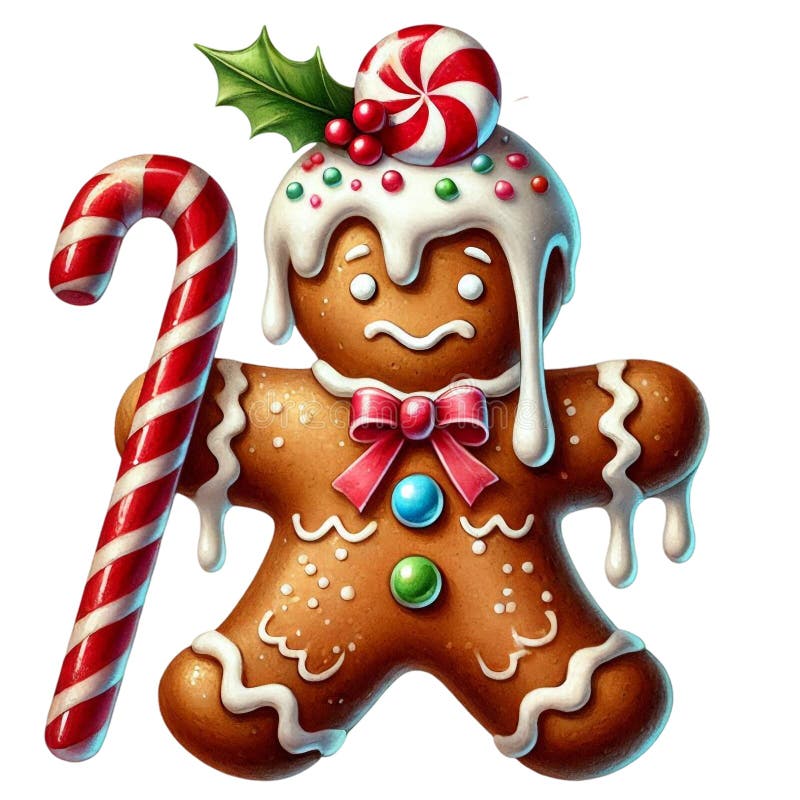 Funny Gingerbread Man Holding a Candy Cane Printable Stock Illustration ...
