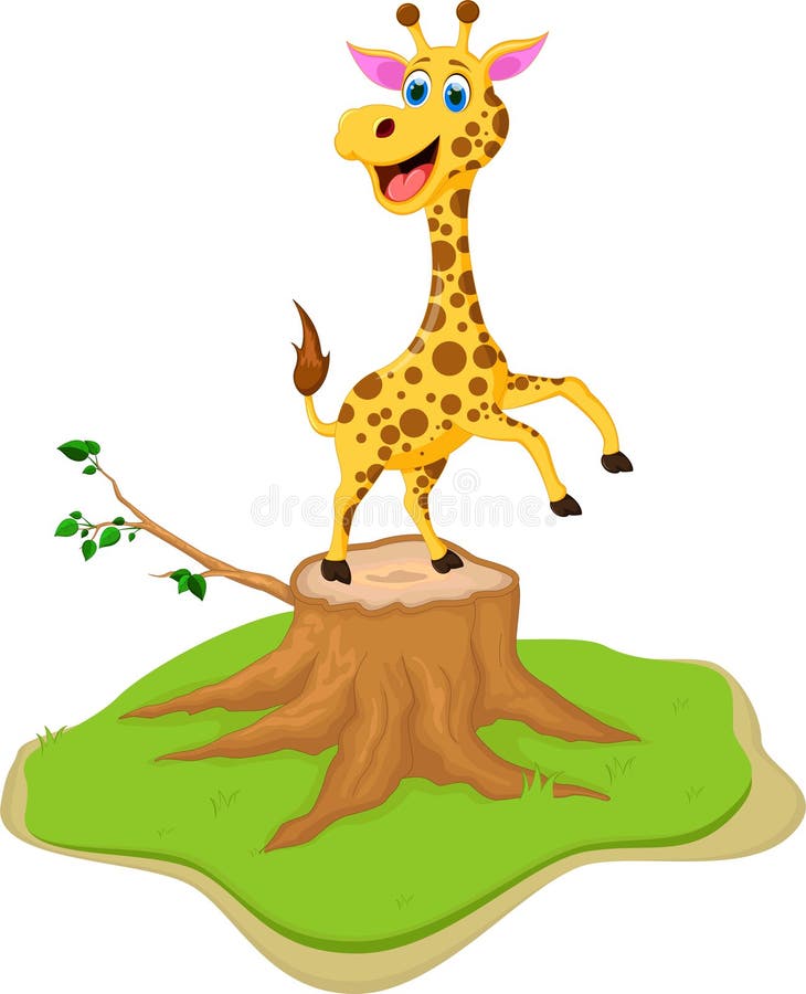 Funny Giraffe Cartoon on Tree Stump Stock Illustration - Illustration ...