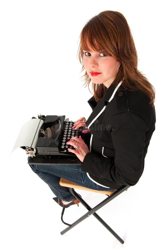 Funny Girl with Black Typewriter Stock Image - Image of chair ...