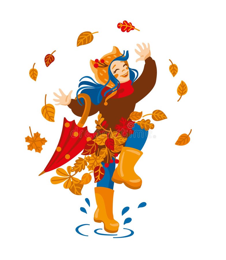 Funny Girl Jumping through Puddles in an Autumn Park. Stock Vector ...