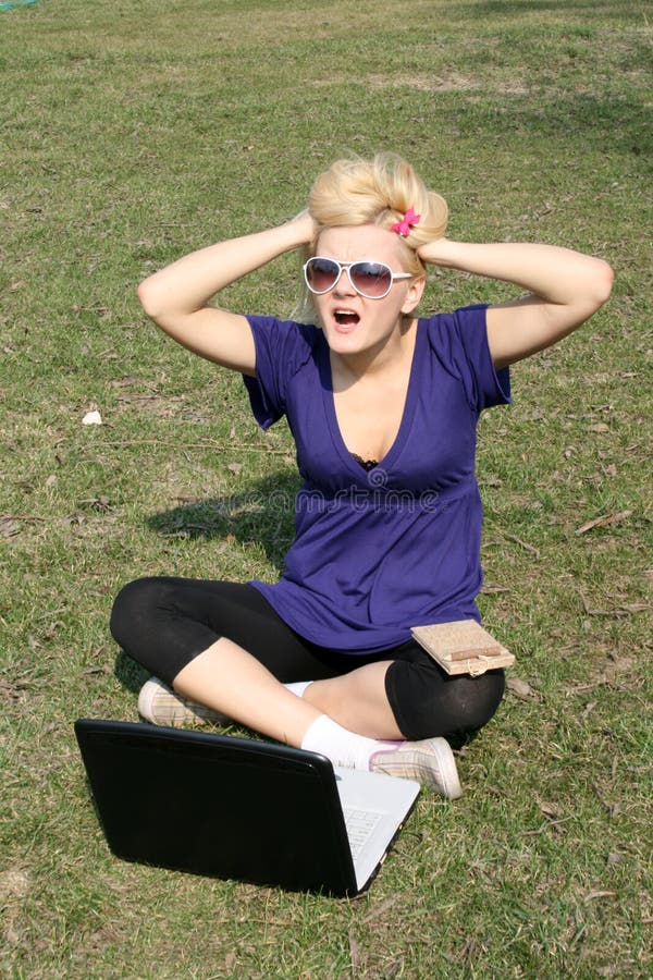Funny girl with a laptop stock image. Image of girl, hair - 10841217