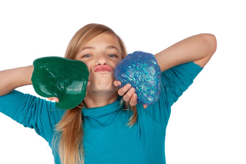 Funny Girl Holdin A Transparent Slime In Front Of Her Face And Looking ...