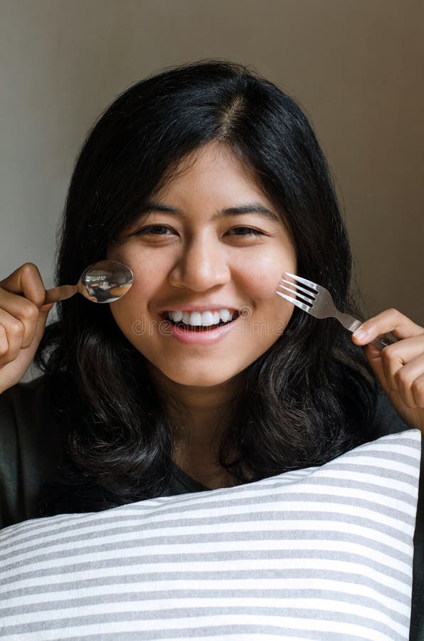 Funny Girl with Spoon and Fork Stock Photo - Image of modern, lifestyle ...