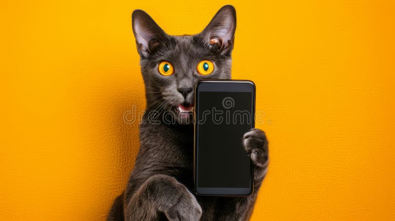 Funny Gray Cat Showing Smartphone with Blank Screen on Yellow ...
