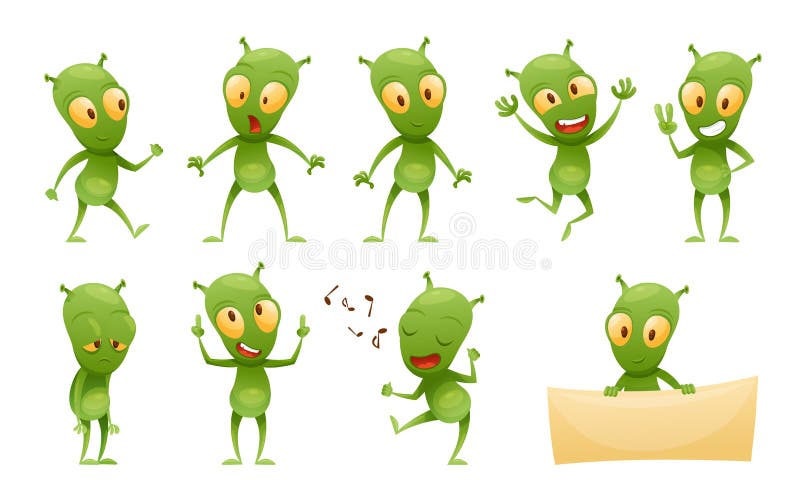 Funny Green Alien Character with Big Eyes and Small Antenna on Head ...