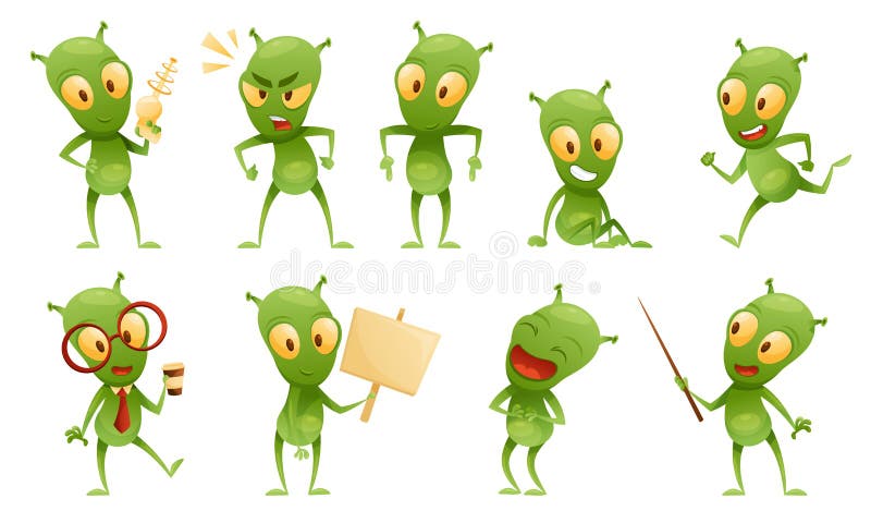 Funny Green Alien Character with Big Eyes and Small Antenna on Head ...