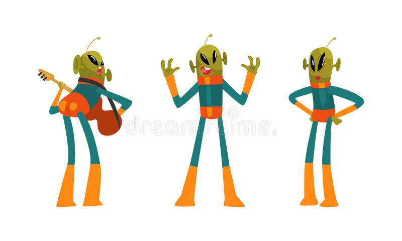 Funny Green Alien Visitor with Antenna Playing Guitar and Grimacing ...