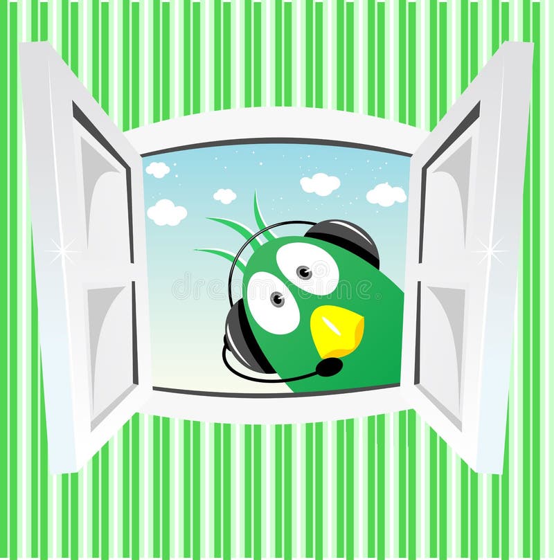 Funny Green Bird Looking into Open Window Stock Vector - Illustration ...