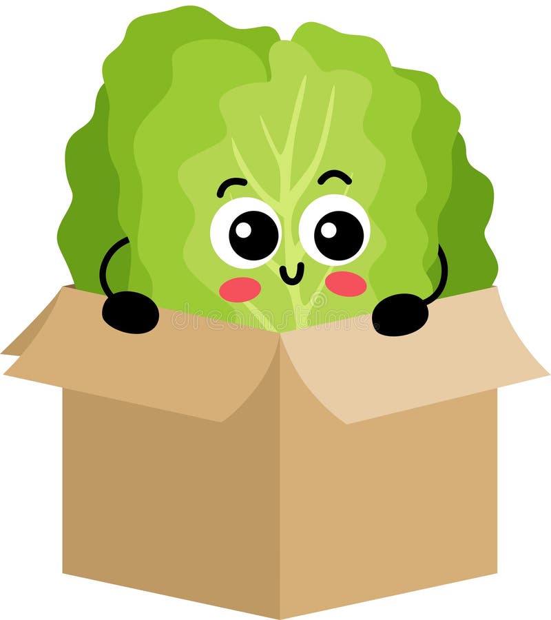 Funny Green Lettuce Mascot in Cardboard Box Stock Vector - Illustration ...