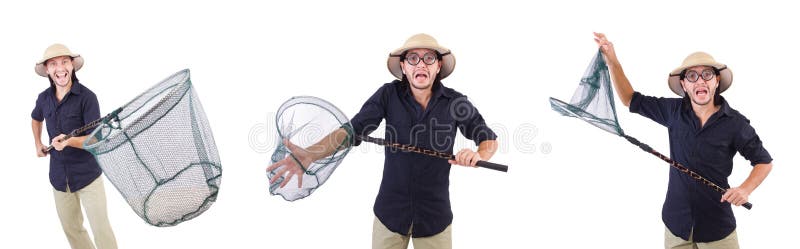 Funny Guy with Catching Net on White Stock Image - Image of empty ...