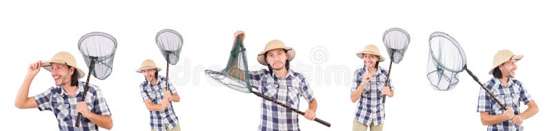 Funny Guy with Catching Net on White Stock Photo - Image of insect ...