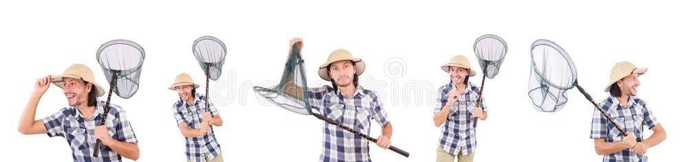 Funny Guy with Catching Net on White Stock Photo - Image of insect ...