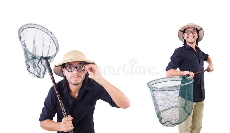 Funny Guy with Catching Net on White Stock Photo - Image of person ...