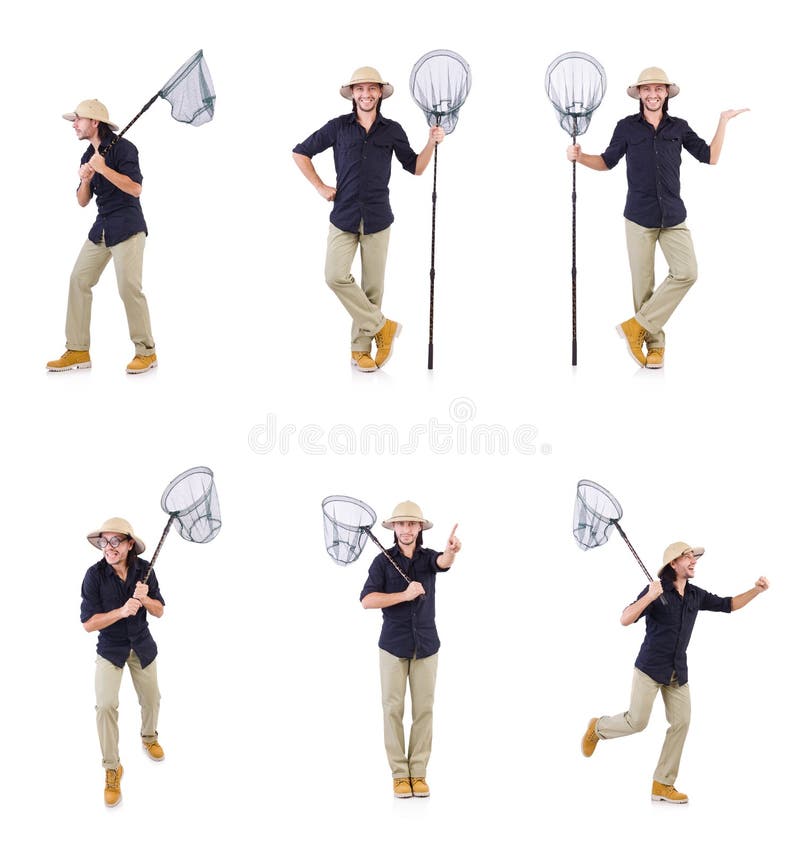 Funny Guy with Catching Net on White Stock Image - Image of garden ...