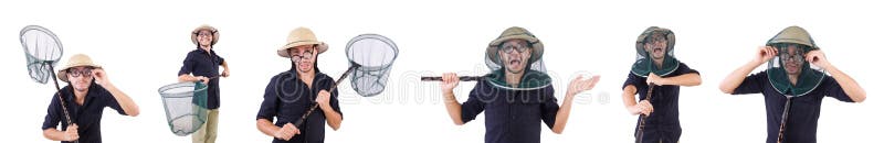 Funny Guy with Catching Net on White Stock Image - Image of collage ...