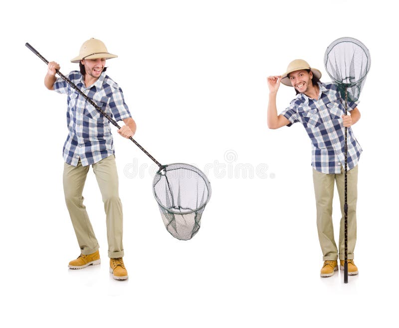 Funny Guy with Catching Net on White Stock Photo - Image of cheerful ...