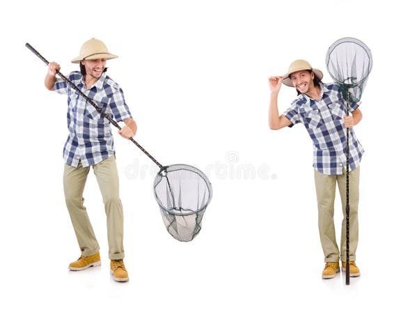 Funny Guy with Catching Net on White Stock Photo - Image of cheerful ...