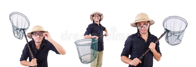 Funny Guy with Catching Net on White Stock Photo - Image of garden ...