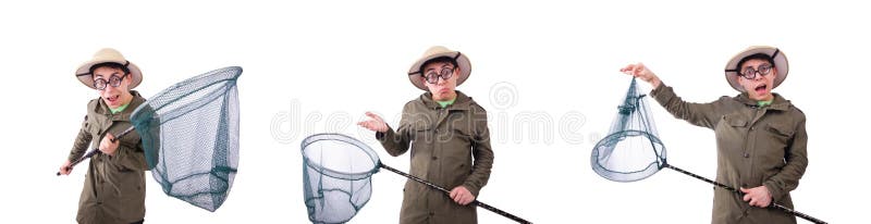 Funny Guy with Catching Net on White Stock Image - Image of comic ...