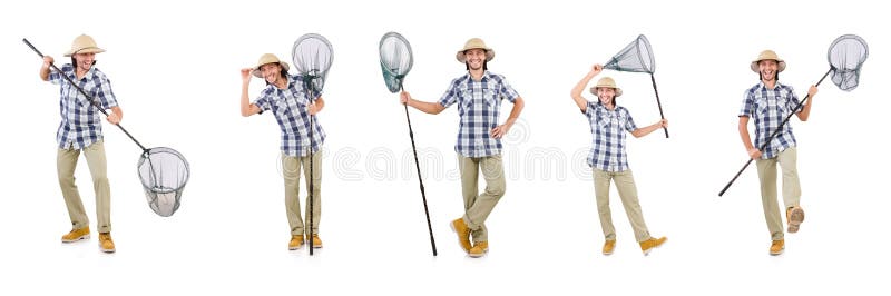 Funny Guy with Catching Net on White Stock Image - Image of nature ...