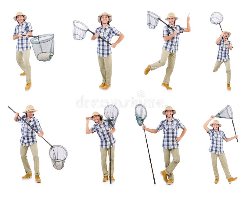 Funny Guy with Catching Net on White Stock Photo - Image of outdoors ...