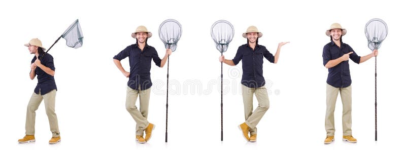 Funny Guy with Catching Net on White Stock Photo - Image of gardener ...