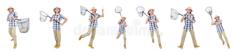 Funny Guy with Catching Net on White Stock Image - Image of happy ...