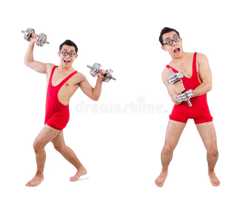 Funny Guy with Dumbbels on White Stock Image - Image of comic, muscular ...