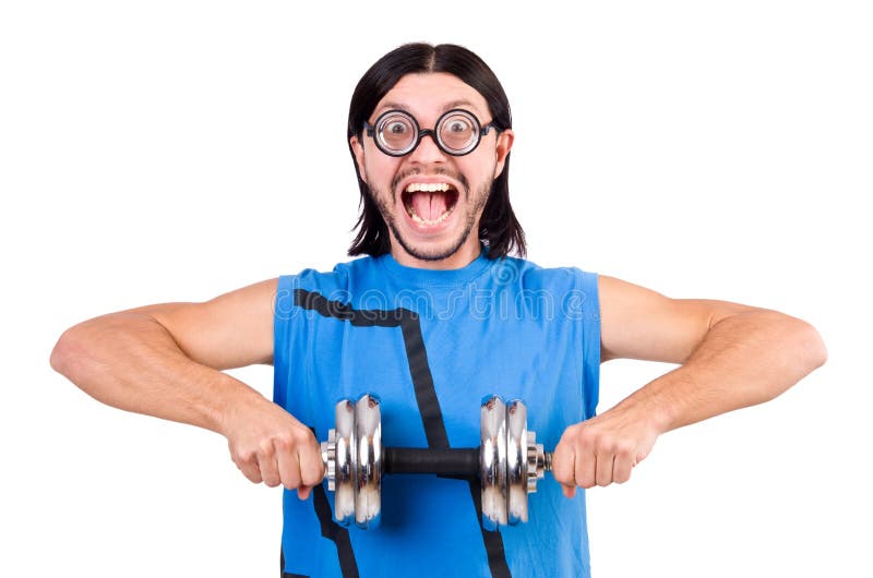 The Funny Guy with Dumbbels on White Stock Image - Image of nerd, bicep ...