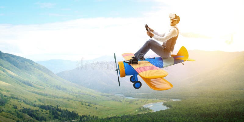 Aviator on Retro Airplane. Mixed Media Stock Photo - Image of caucasian ...