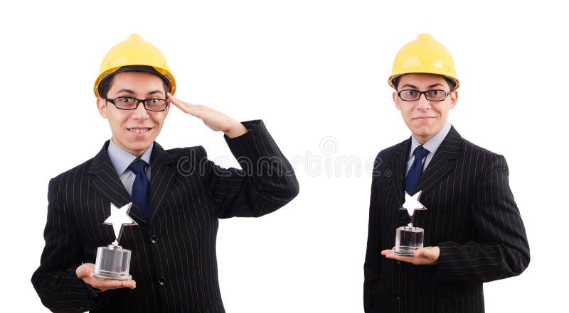 Funny Guy with Prize and Hardhat Stock Image - Image of reward ...