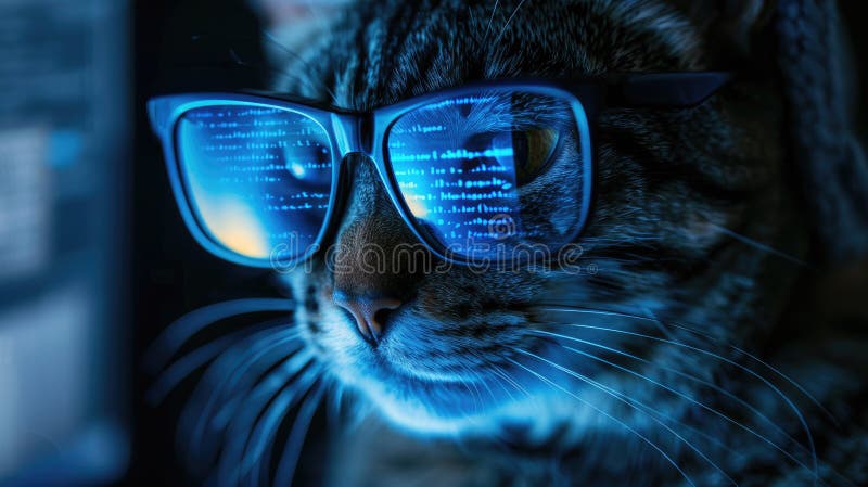 Funny Hacker Cat Works at Computer in Dark Room, Digital Data Reflected ...