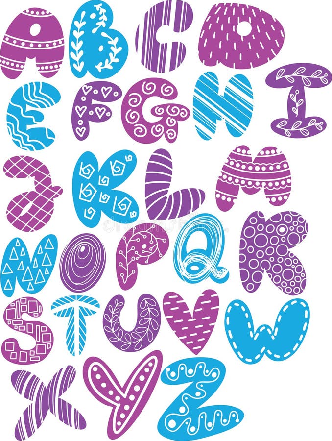 Funny Hand Drawn Doodle Alphabet for Kids with Different Patterns ...