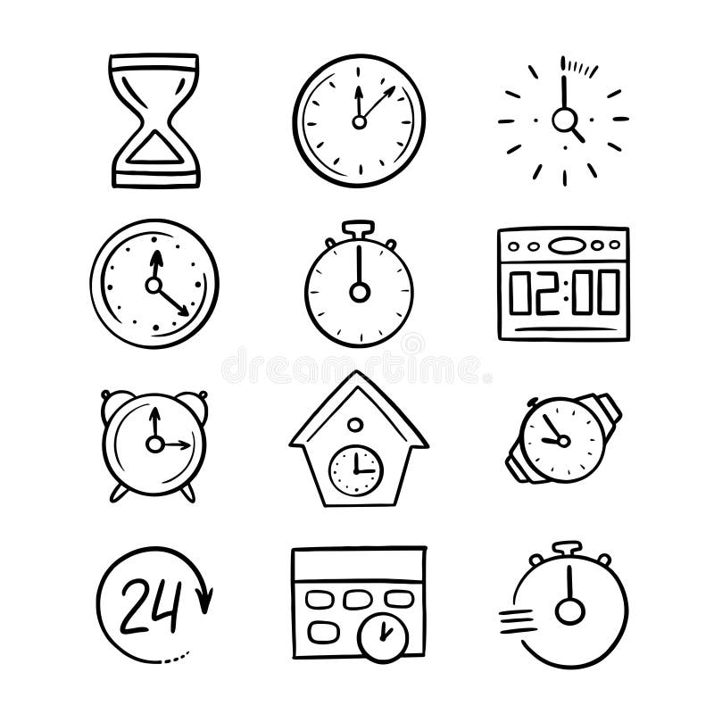 Funny Hand Drawn Doodle Time Icons Set. Flat Vector Illustration for ...