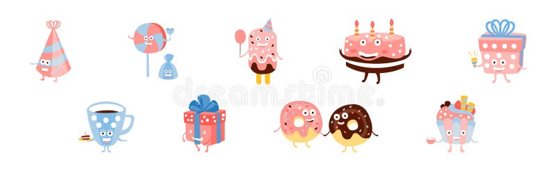 Funny Happy Birthday Character with Pretty Face Vector Set Stock Vector ...