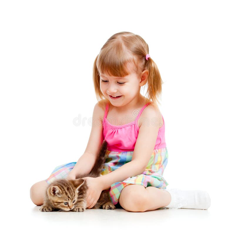 Funny Happy Child Playing with Cat Kitten Stock Photo - Image of ...