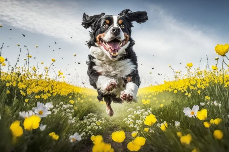 Funny and Happy Dog Jumping on a Flower Meadow Stock Illustration ...