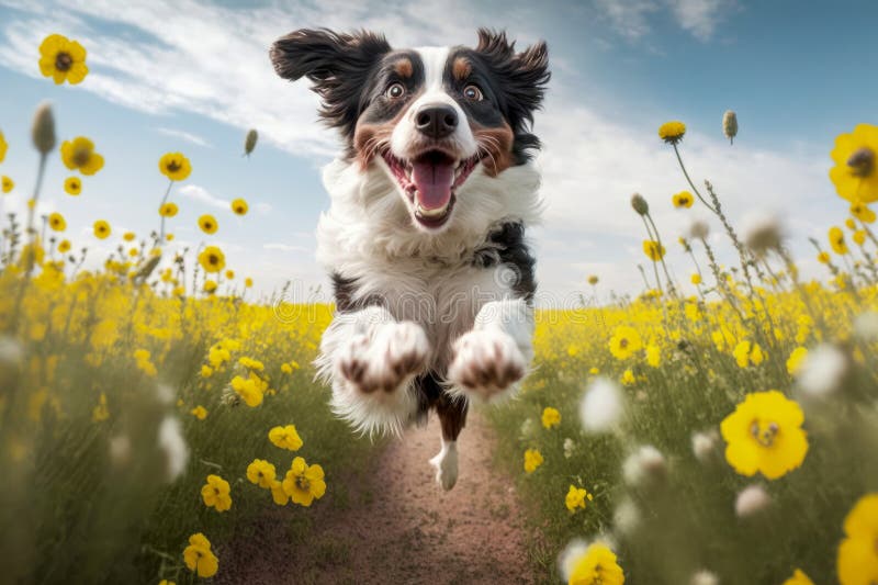 Funny and Happy Dog Jumping on a Flower Meadow Stock Illustration ...