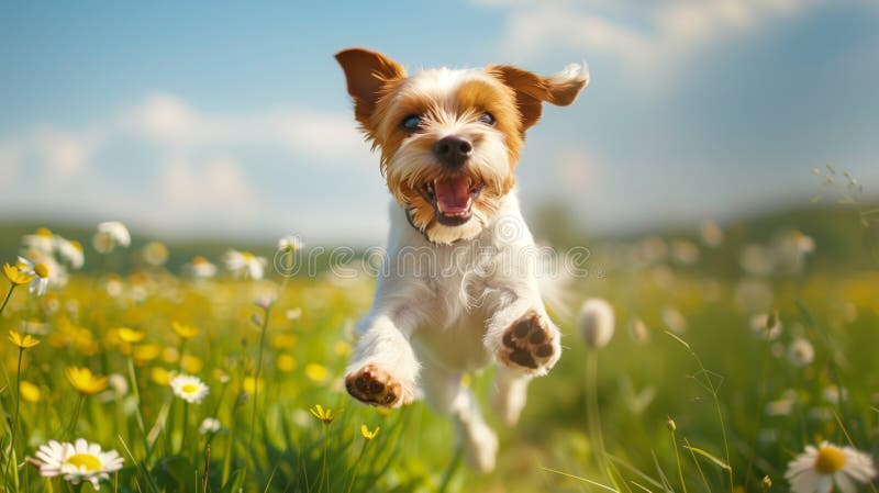 Funny and Happy Dog Jumping on a Flower Meadow Stock Photo - Image of ...